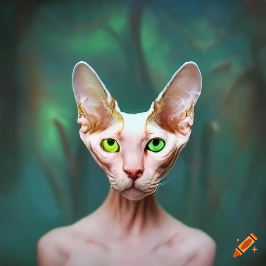 Intricately detailed portrait of a sphynx cat with a humanoid visage on ...