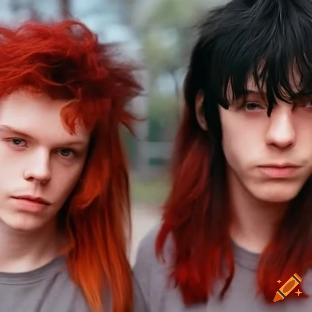 Two guys with red hair and mullets high-fiving another guy with black ...