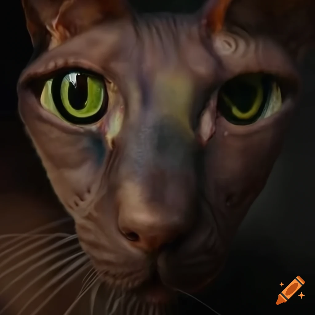 Close-up hyperrealistic portrait of a sphynx cat with a humanoid visage ...
