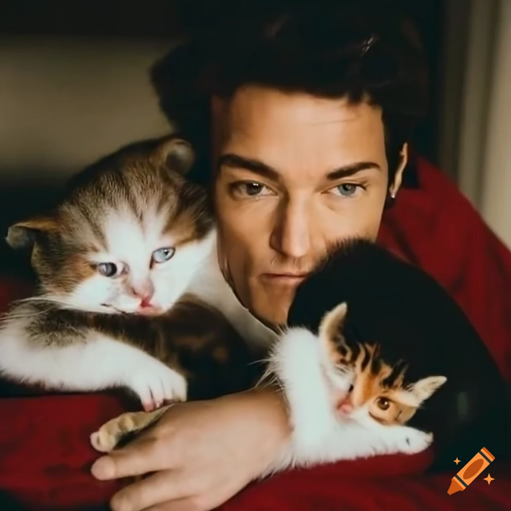 Austrian singer falco with playful kittens in a cozy living room on Craiyon