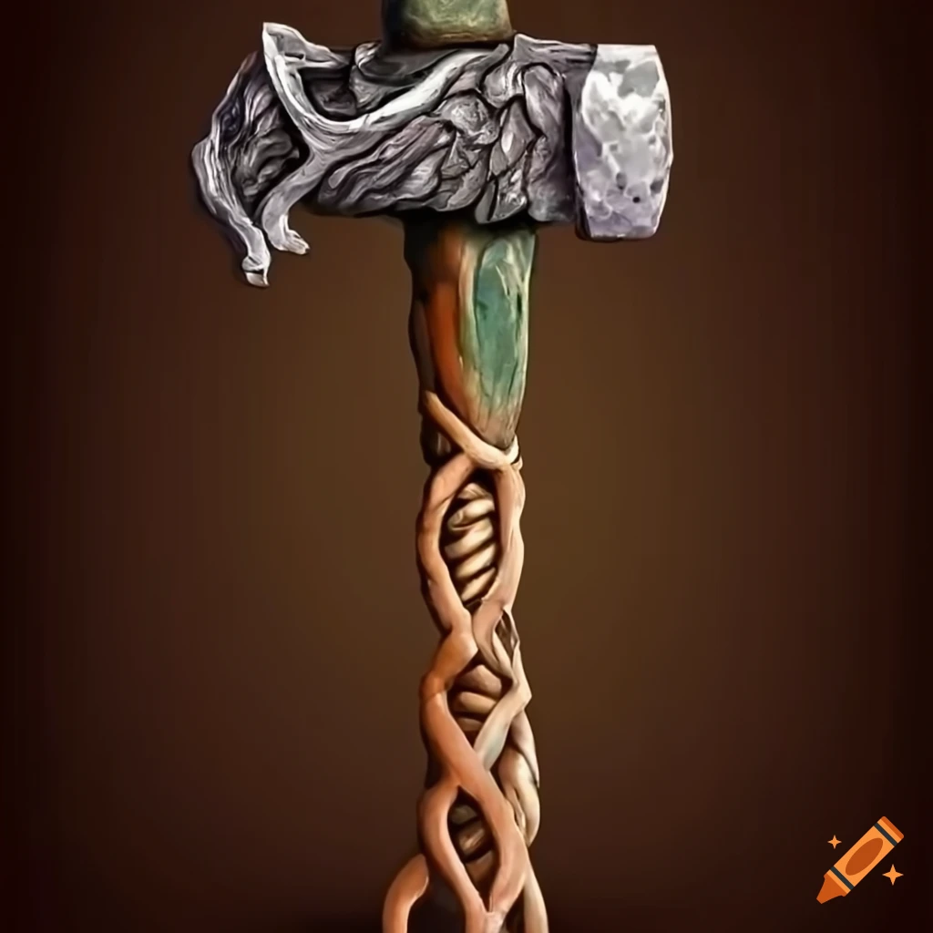 Unique root-shaped hammer weapon with a stone head on Craiyon