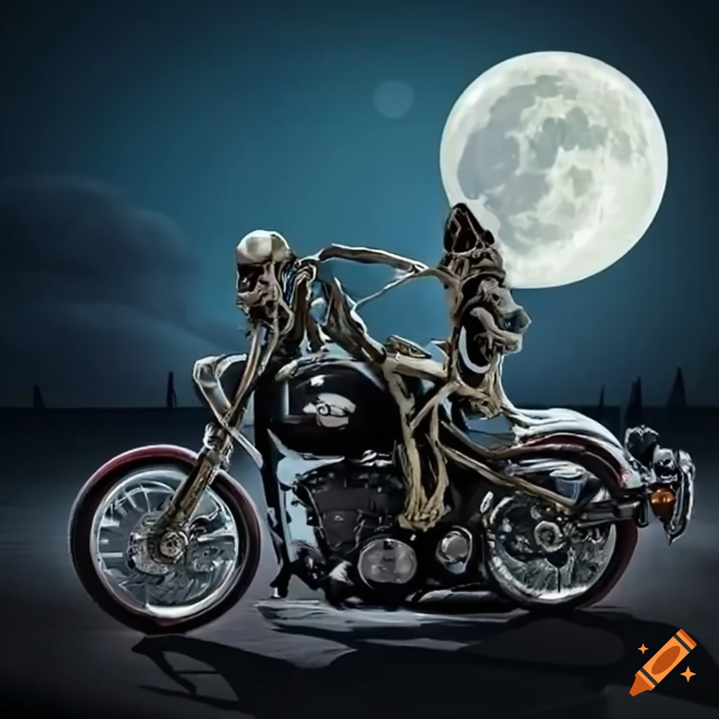 Skeleton riding motorcycle under the moonlight on Craiyon