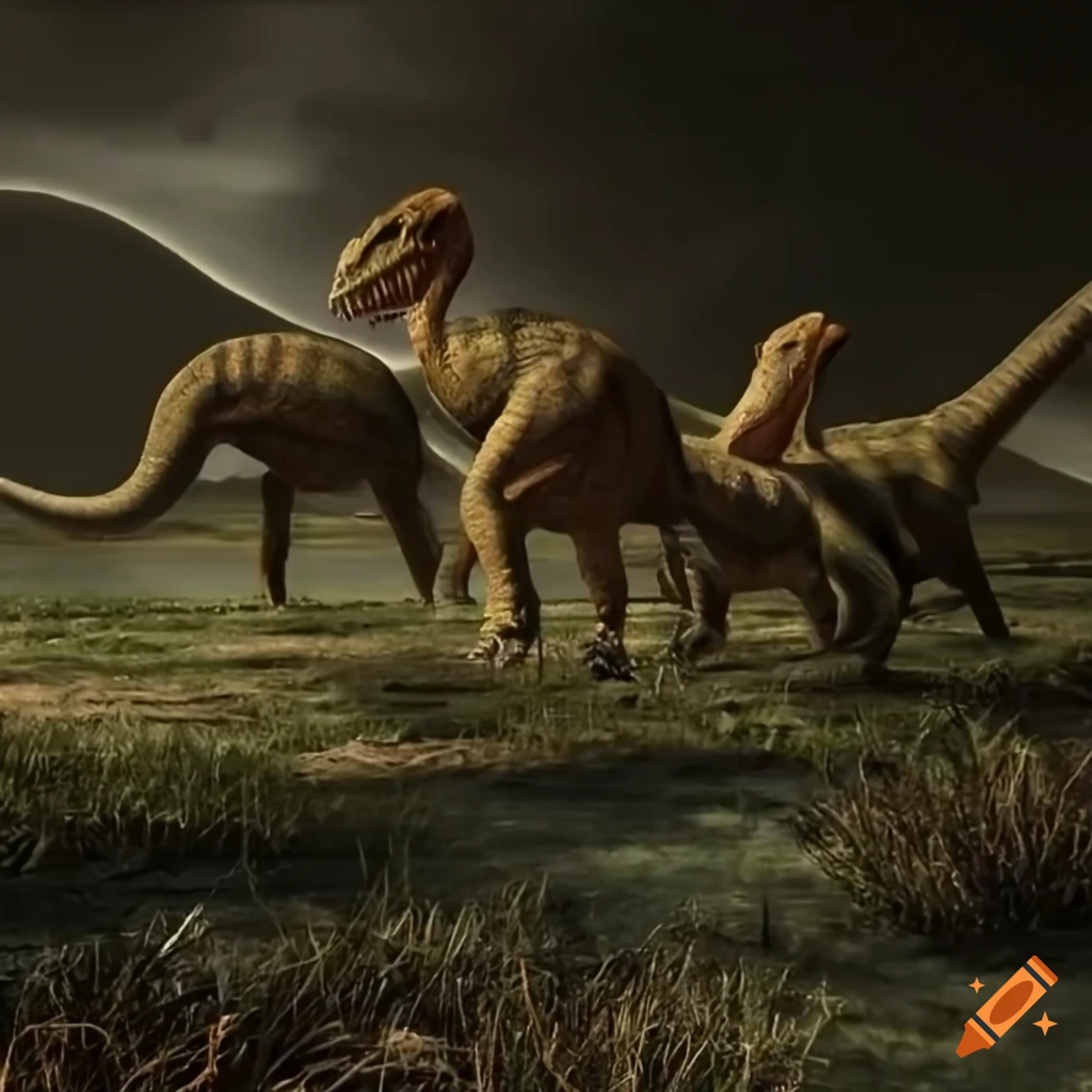 Plateosaurus herd in a triassic landscape with coelophysis on Craiyon