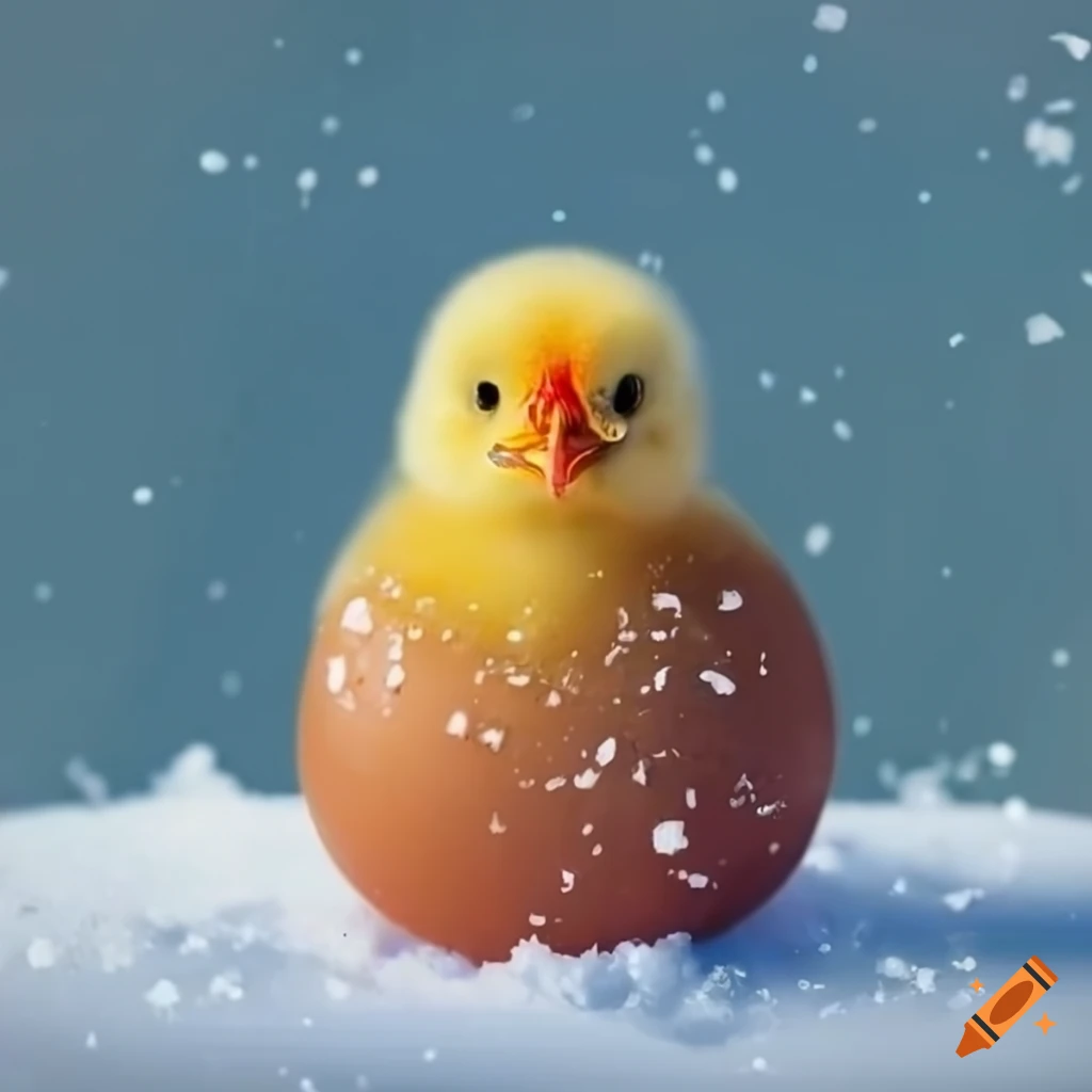 Egg, chick, and chicken in snow on Craiyon