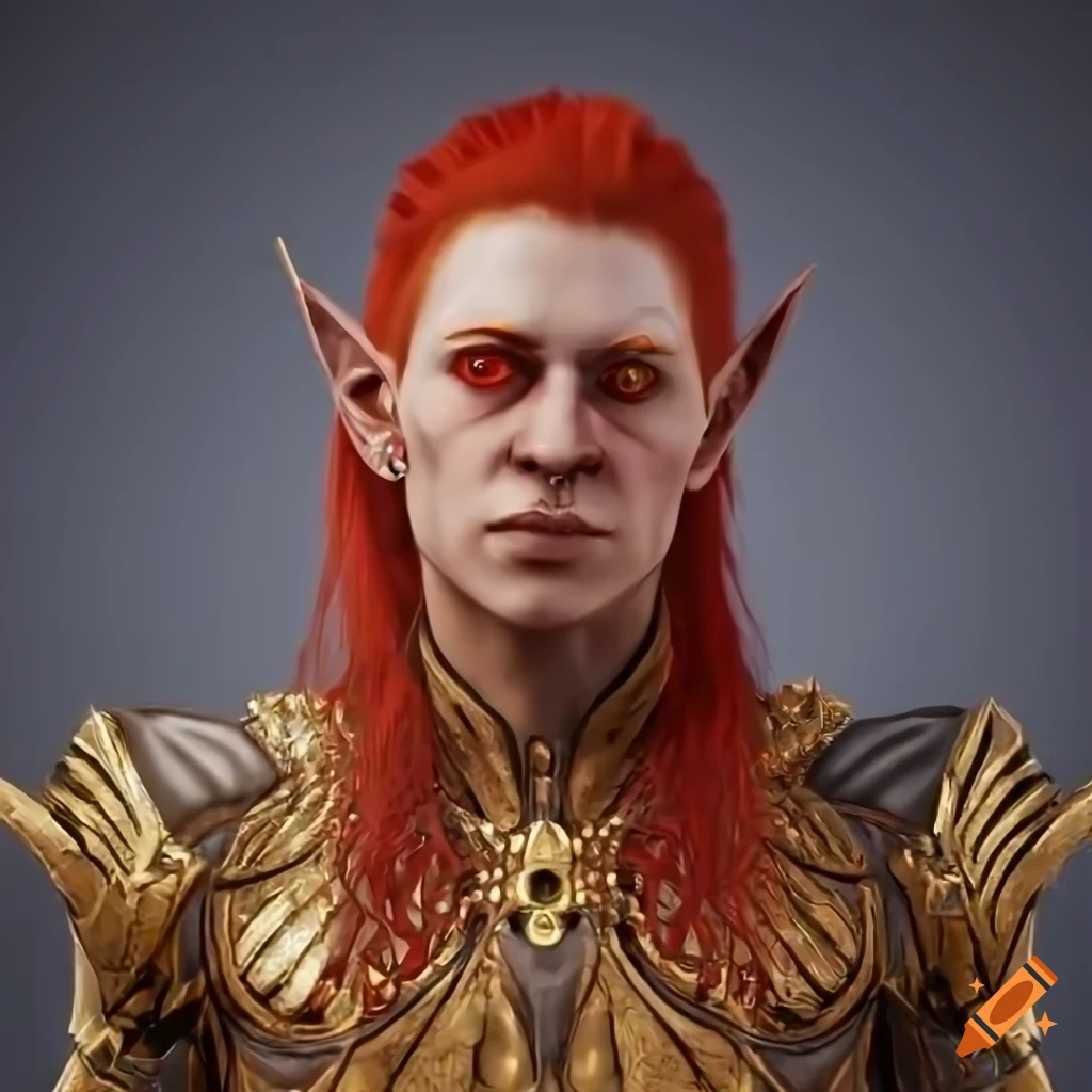 Portrait of a pale-skinned, red-haired, and red-eyed sci-fi elf man ...
