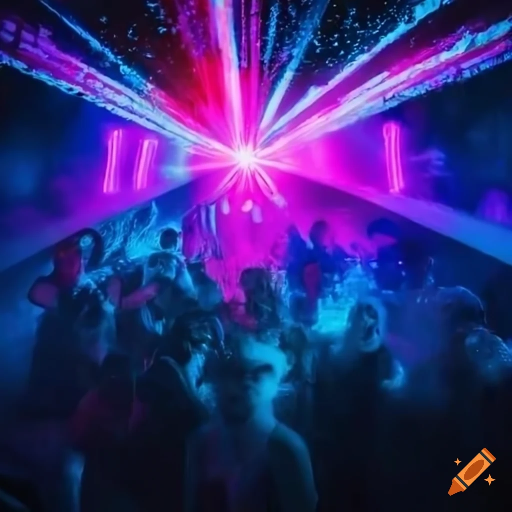 Rave on an alien planet with neon lights and dancing people on Craiyon