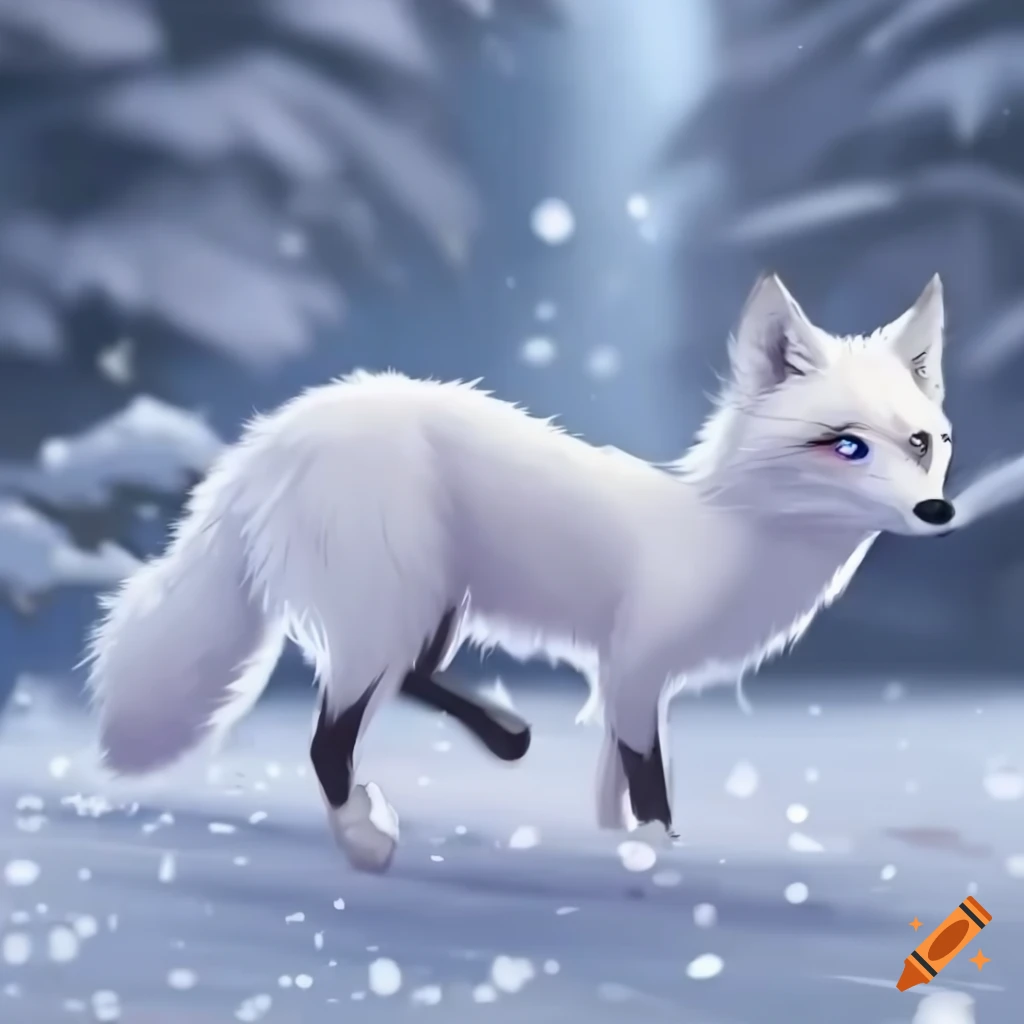 White Anime Fox Running In Snow With Blue Eyes On Craiyon