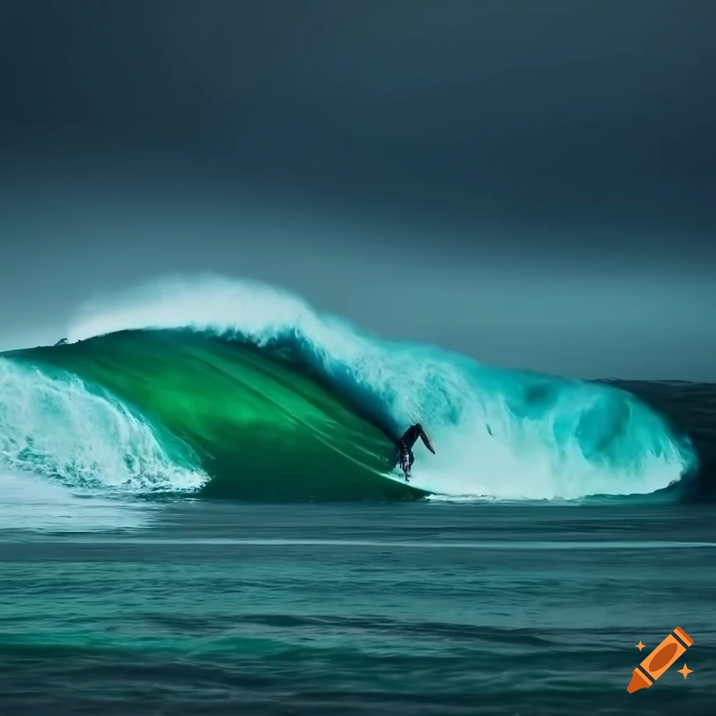 Surfers riding big waves at night in stormy ocean on Craiyon