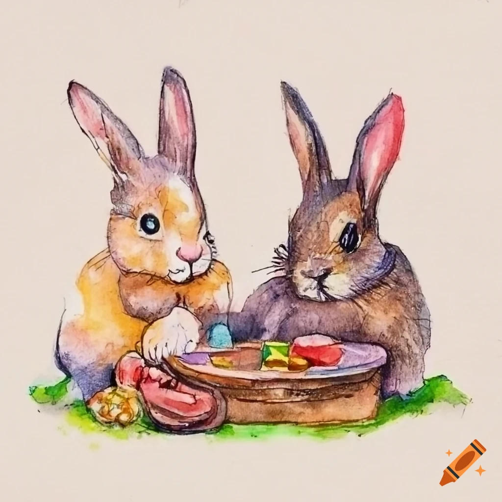 Two bunnies having a picnic in a simple pastel drawing on Craiyon