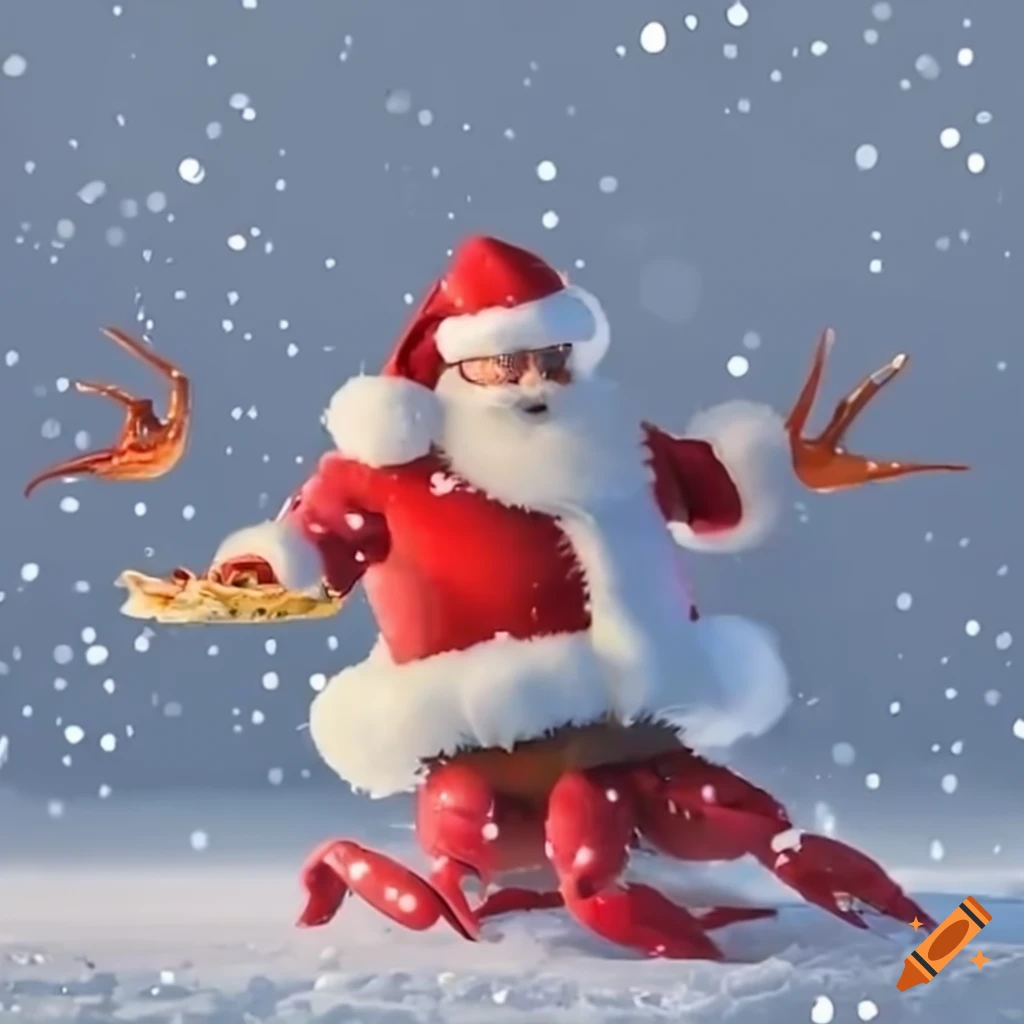 Santa eating a giant flying red crab in the snow on christmas on Craiyon