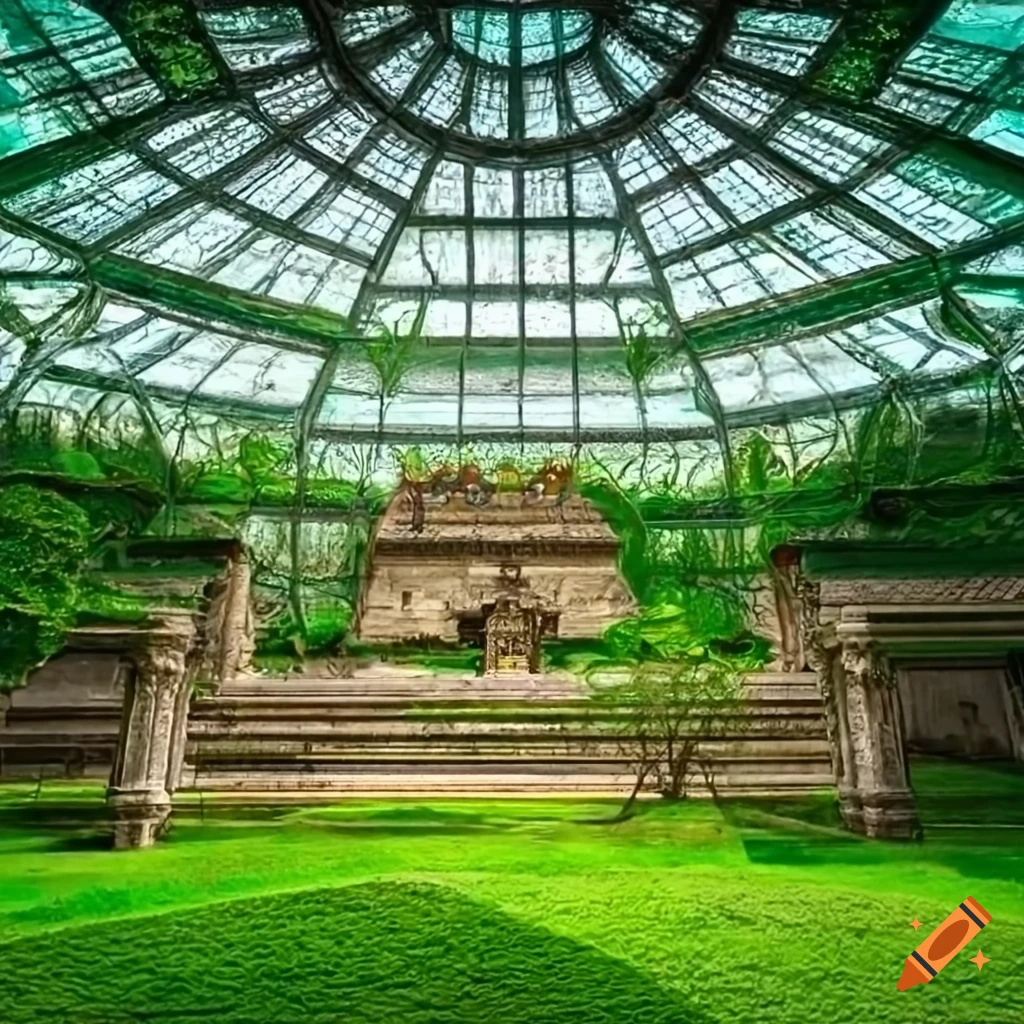 Infinite perspective glass temple with glass ceiling and greenery ...