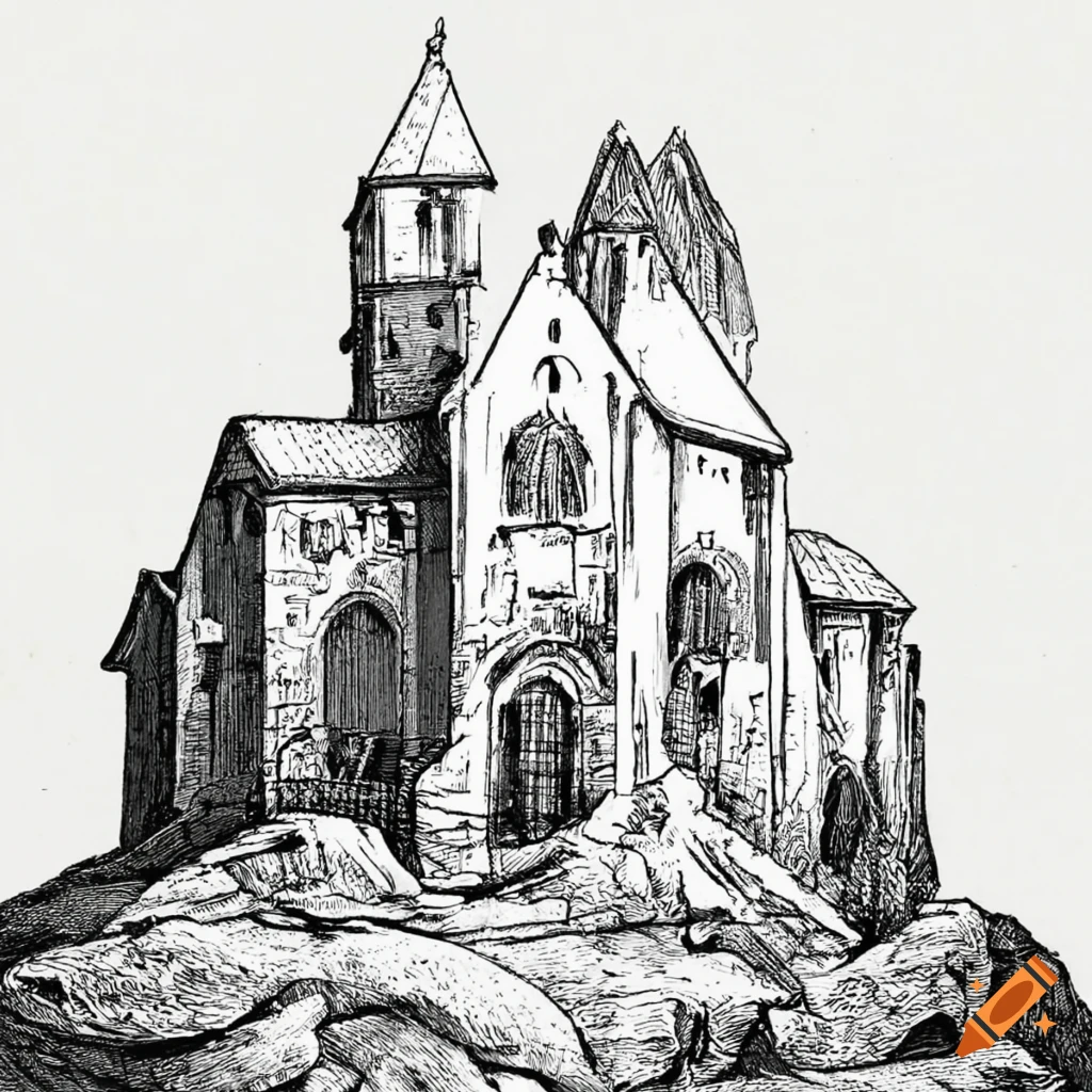 Ink drawing of a christian monastery on a cliff on an island on Craiyon