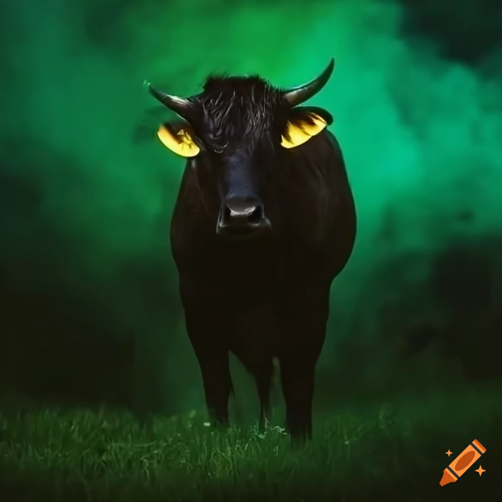 Bull in dark green grass with surrounding dark green smoke on Craiyon