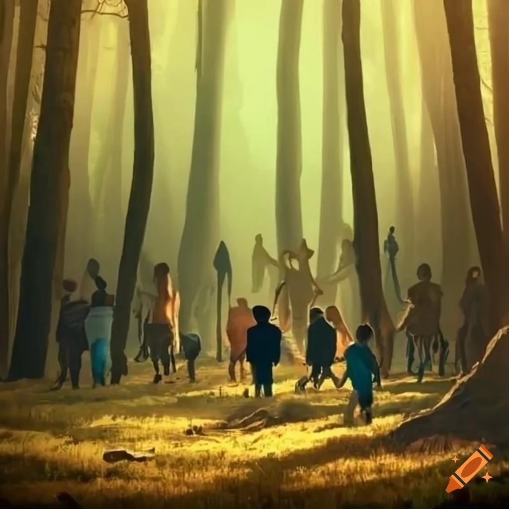 Large crowd of animals and people in a forest on Craiyon