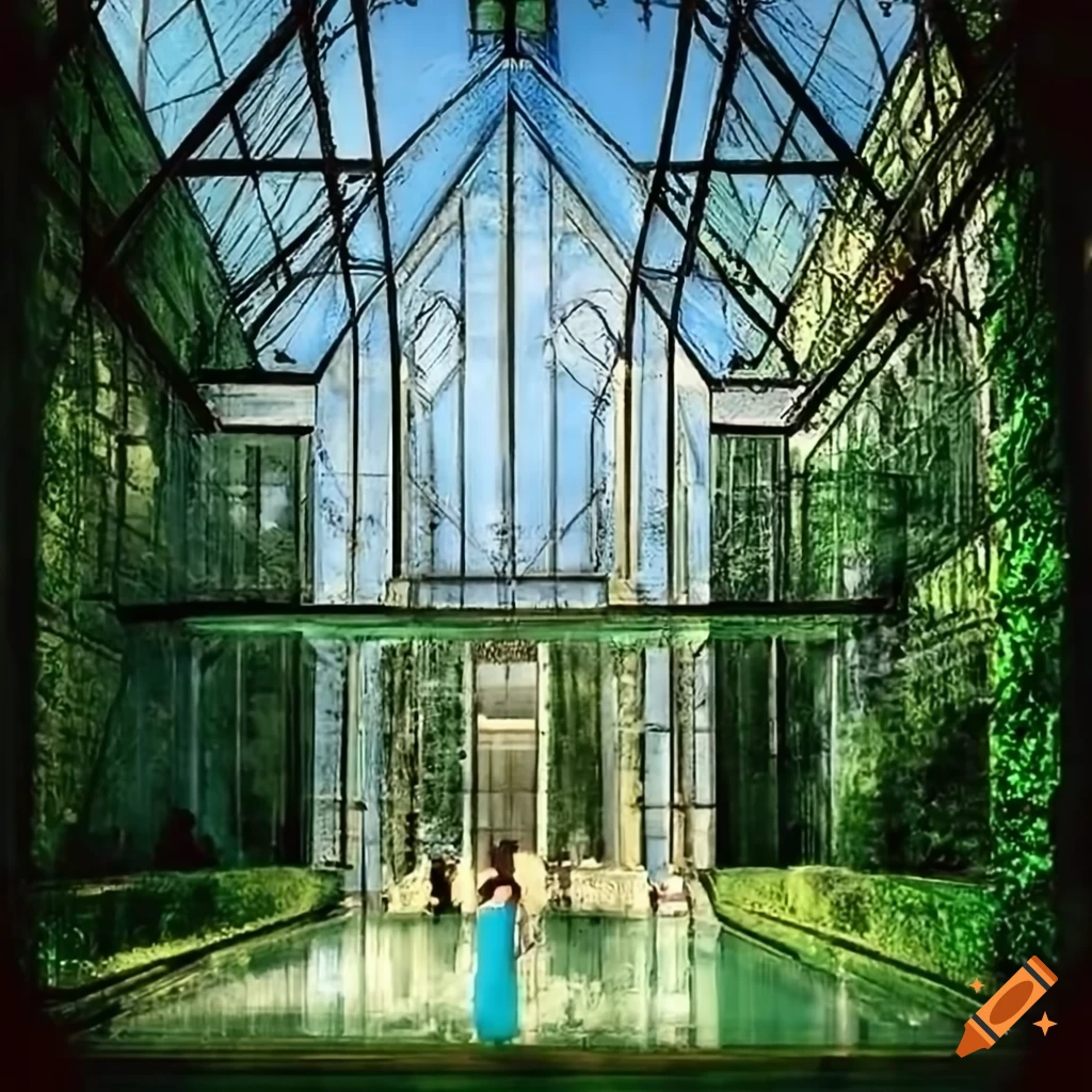 Infinite perspective of a glass greenhouse temple on Craiyon