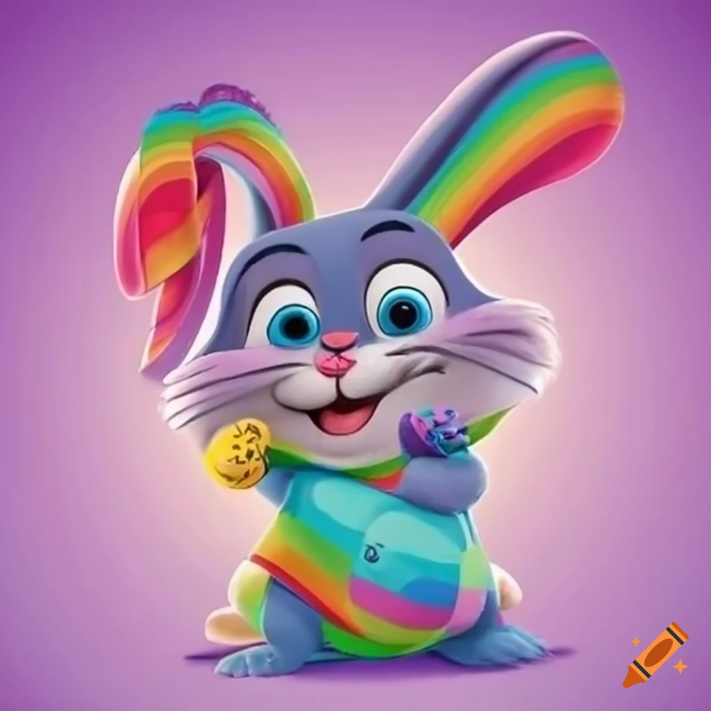 Colorful Easter rabbit character design with rainbow markings in Pixar ...