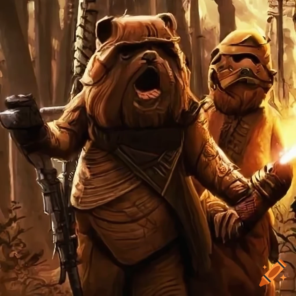 Ewoks battling imperial stormtroopers in a forest setting on Craiyon