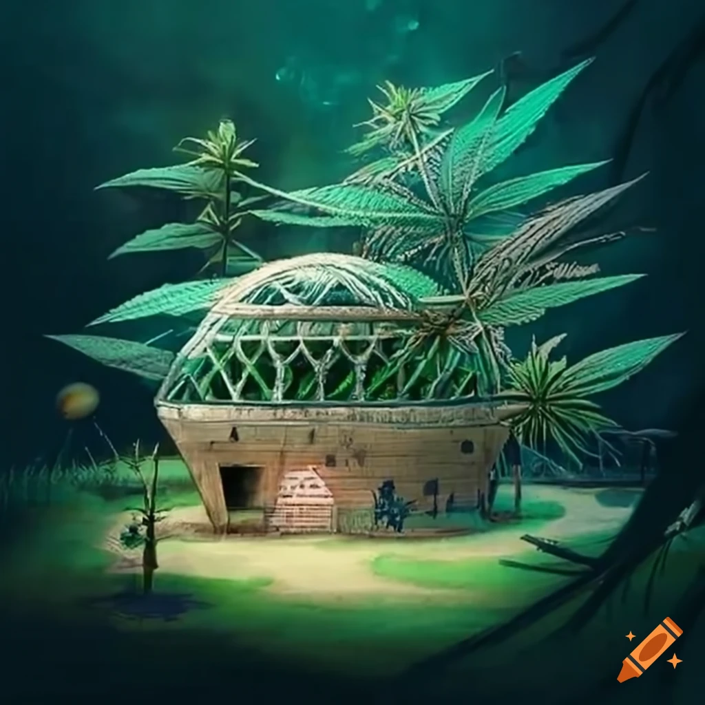 Futuristic hut made of cannabis plants on Craiyon
