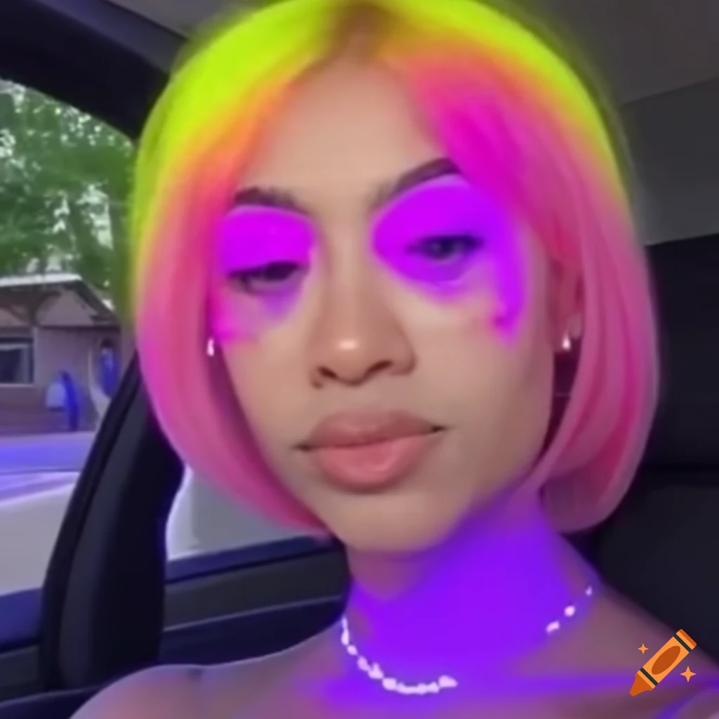 Glowing angel with yellow and pink hair in a car selfie on Craiyon