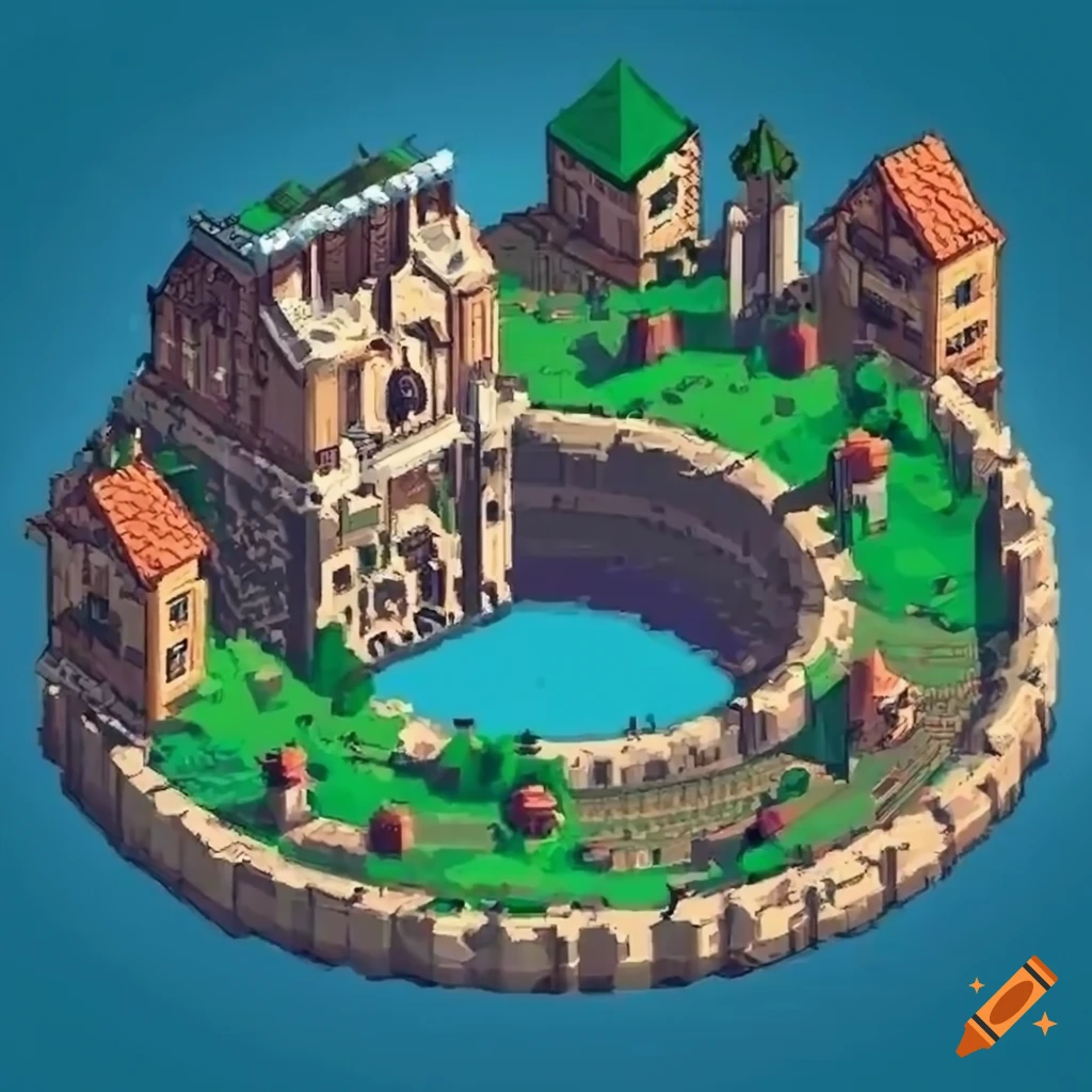 Isometric view of a European medieval city in stunning pixel art on Craiyon