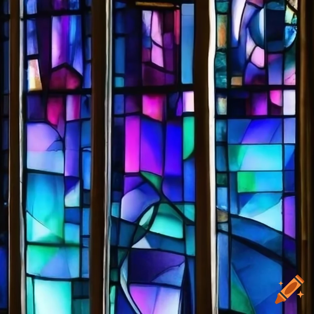 Stained glass windows with intense blues and darkness on Craiyon