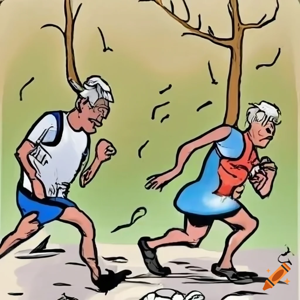 Cartoon-like senior trail marathon runner happily strolling forest ...