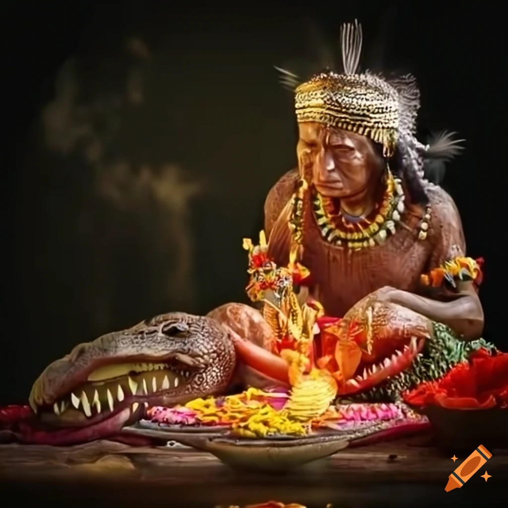 Tribal chief performing a spiritual ceremony with giant crocodile ...