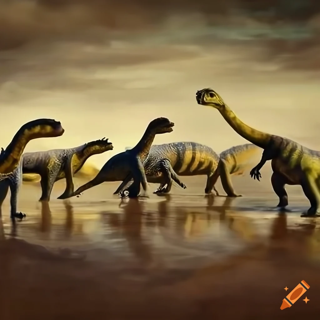 Plateosaurus herd in a triassic landscape with coelophysis on Craiyon