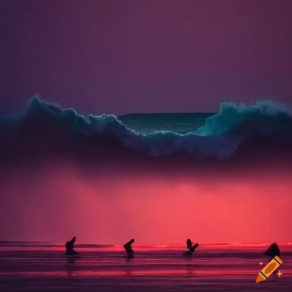 Surfers riding wave in dramatic red ocean storm at night on Craiyon