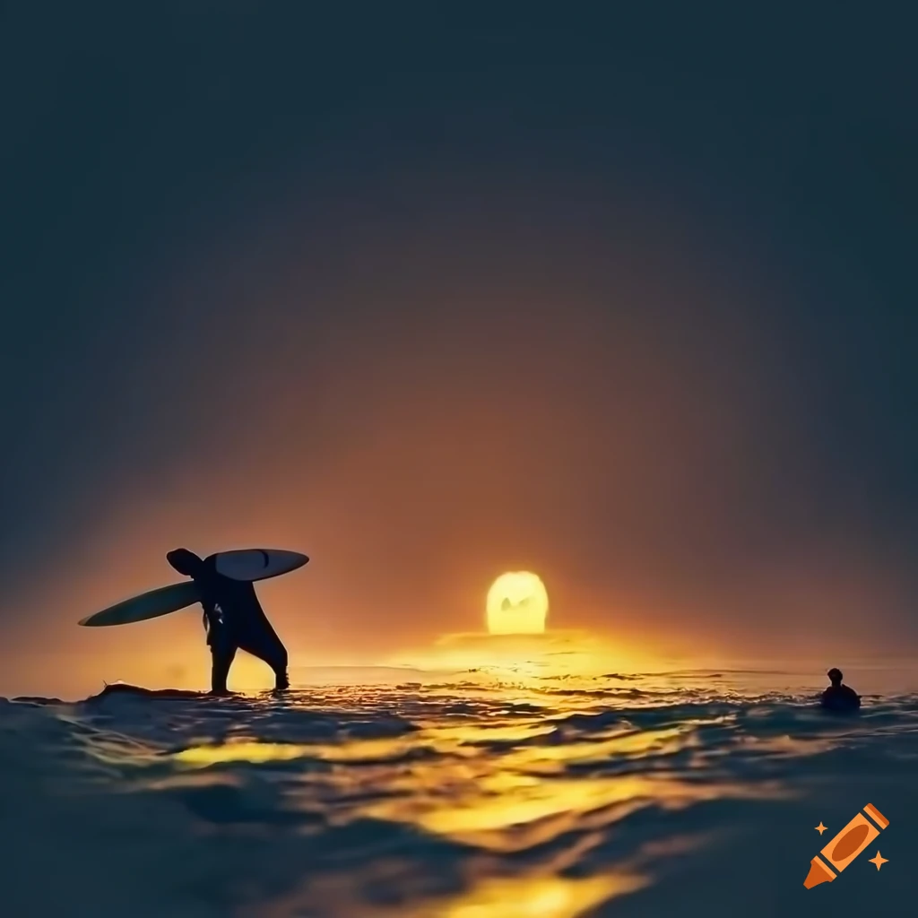 Surfers riding a wave under dramatic golden backlight during a stormy ...