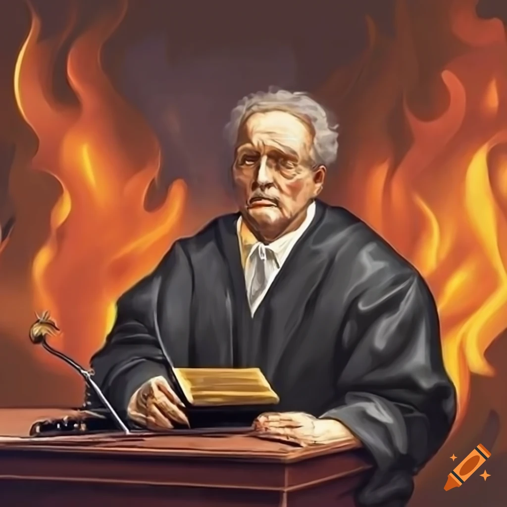 Detailed depiction of a judge surrounded by flames and smoke on Craiyon