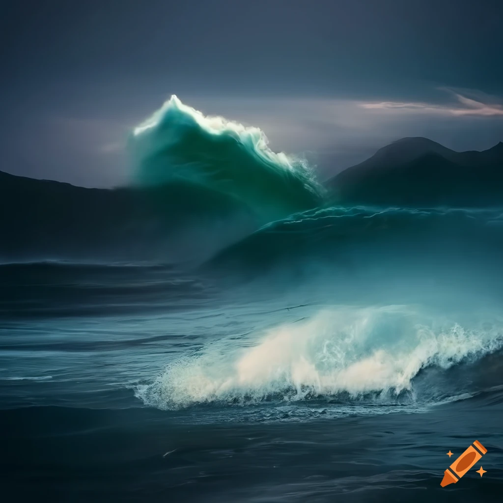 Surfers riding wave at night during a dramatic storm on Craiyon