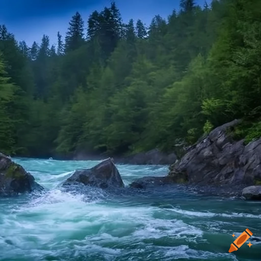 Silver-shining white water rapids in moonlight on Craiyon