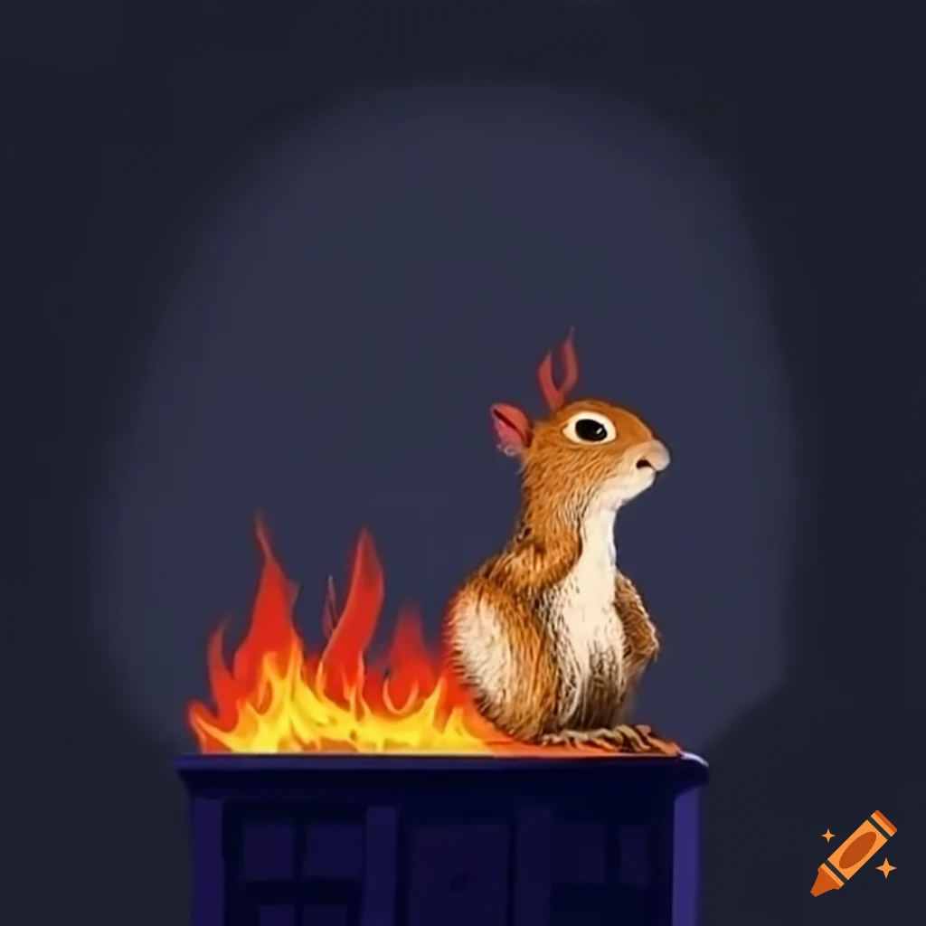 Squirrel warming paws on a dumpster with fire on Craiyon
