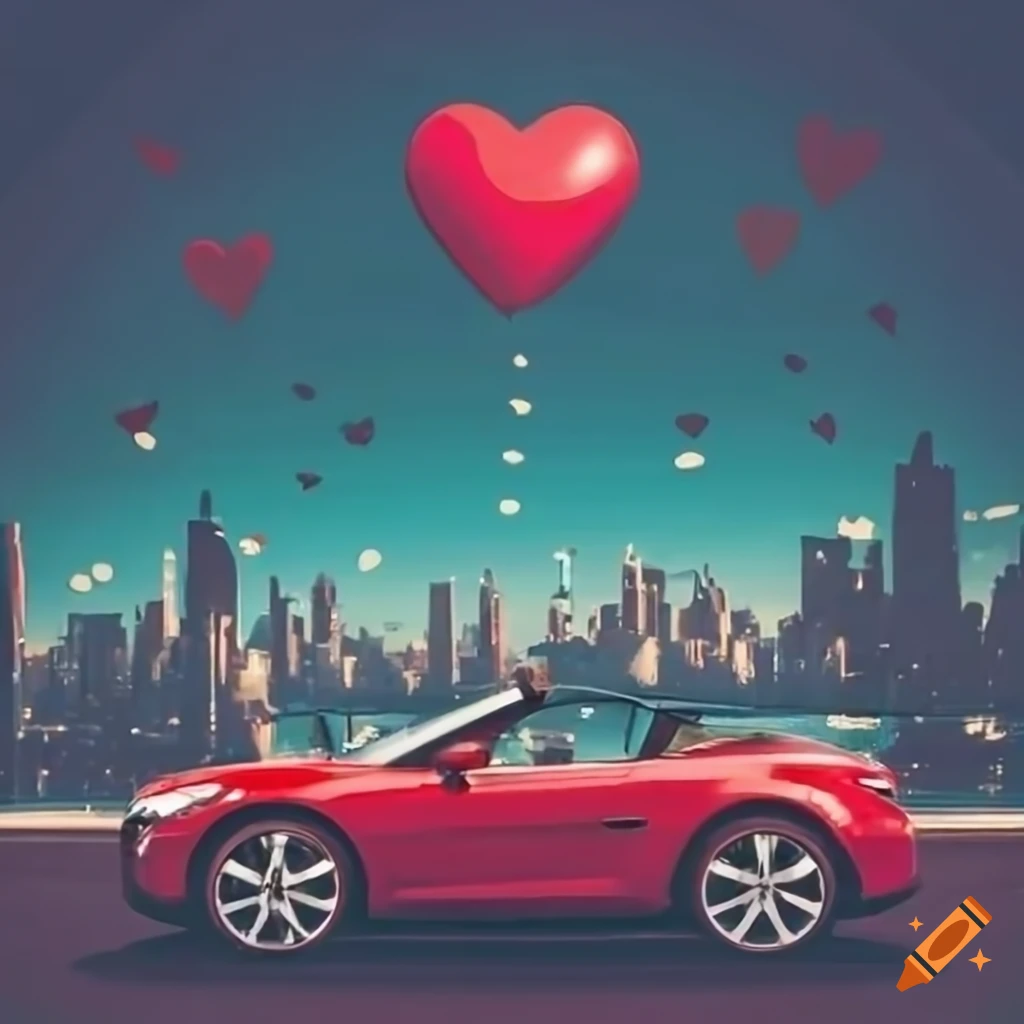 Red convertible driving through the city with skyline and heart in the ...
