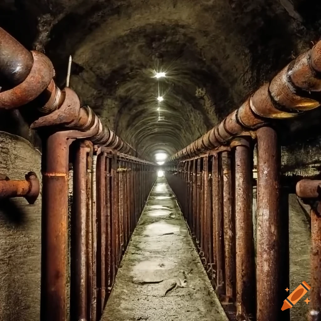Labyrinthine network of tunnels with rusty pipes on Craiyon