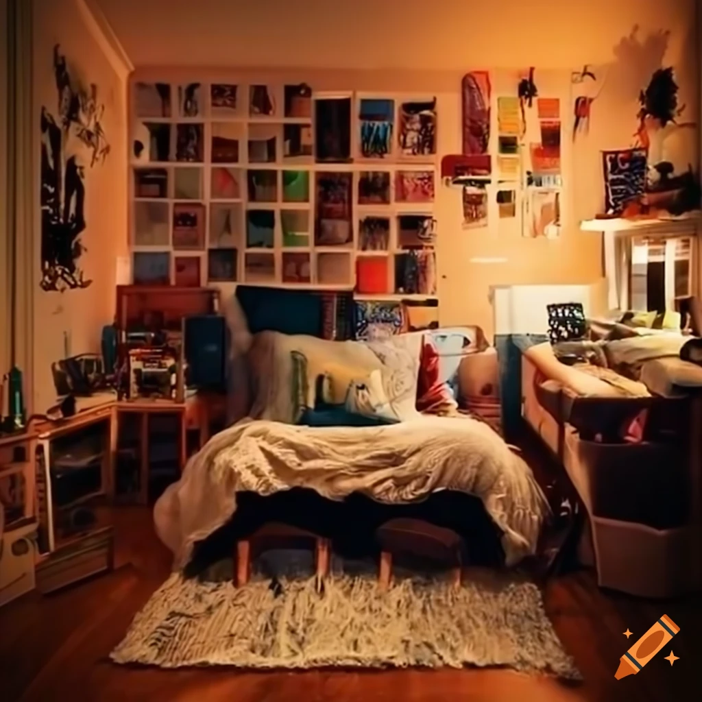 Cozy college dorm room with pencils, paints, and a comfortable bed on ...