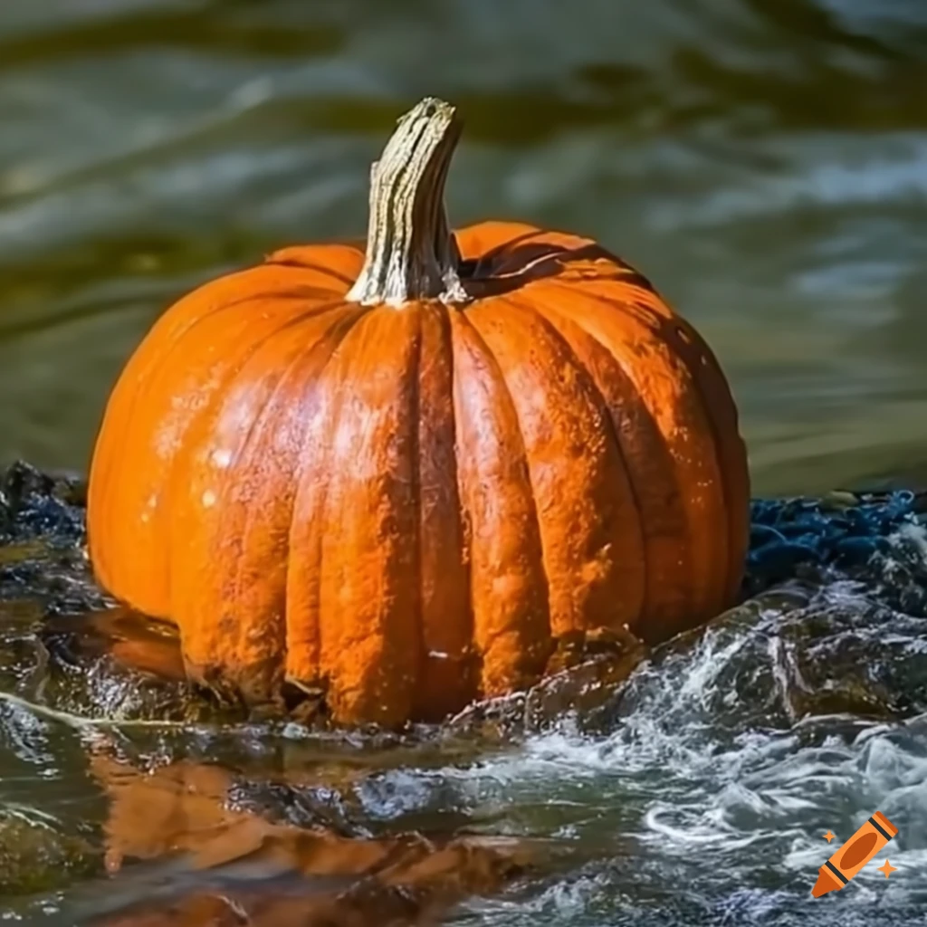 Pumpkin floating in a river at sunset in realistic photography on Craiyon
