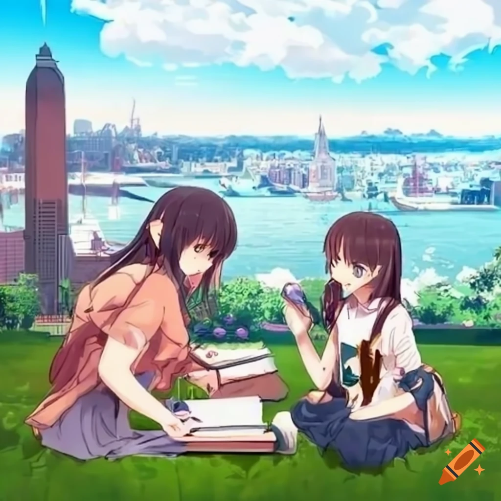 Group of anime girls studying under a blooming garden with harbor ...