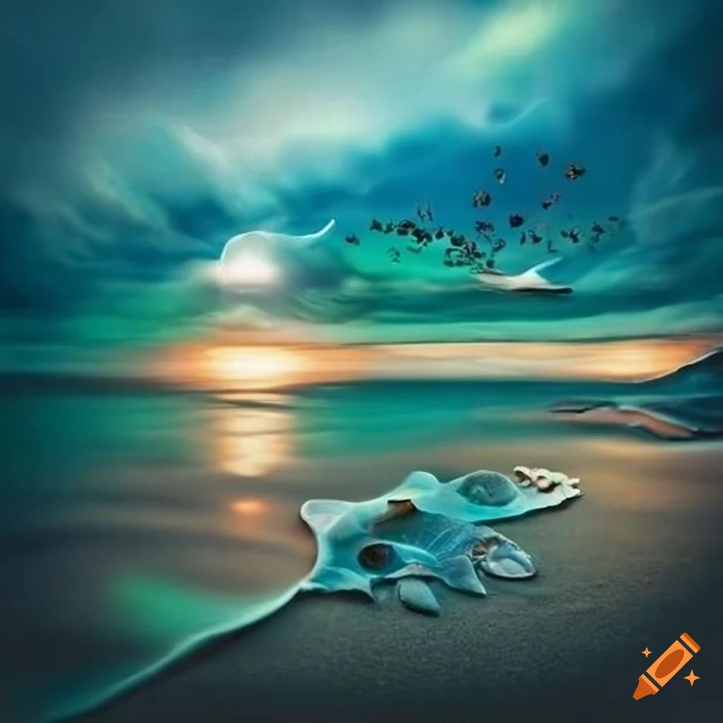Surreal beach with surreal seashells, surging waves, exotic flowers on ...