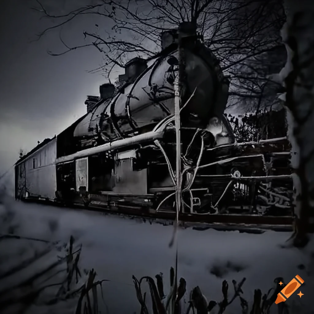 Creepy steam train in a dark winter setting on Craiyon