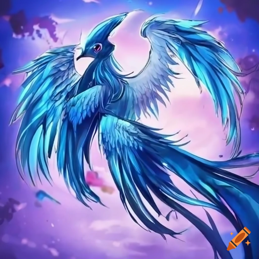 Cute blue phoenix anime character on Craiyon