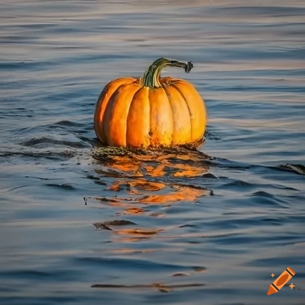Pumpkin floating in a river at sunset in realistic photography on Craiyon