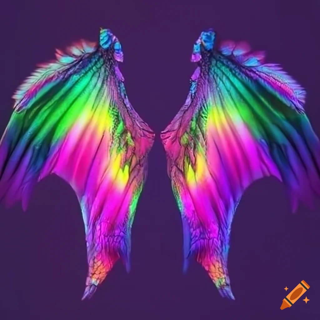 Vibrant fluorescent dragon wings with holographic details on Craiyon