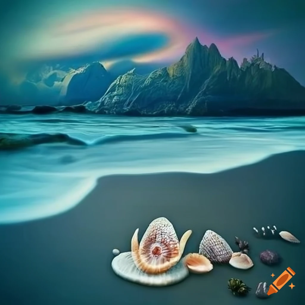 Surreal beach with surreal shells, wave motion, exotic flowers ...