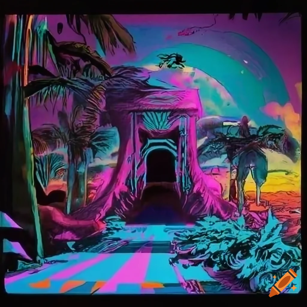 Vivid tropical scene with iridescent colors in a graphic novel style on ...