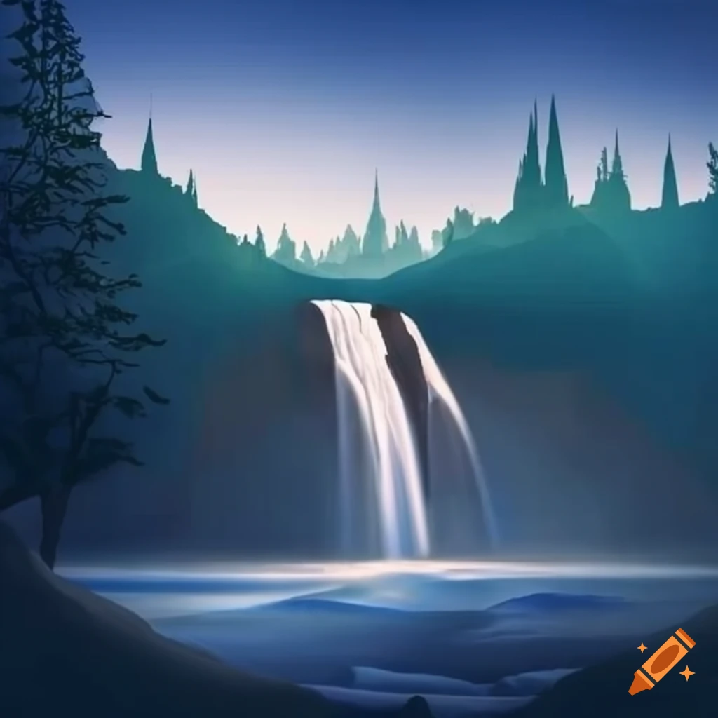 Serene landscape with distant waterfall from the 90s on Craiyon