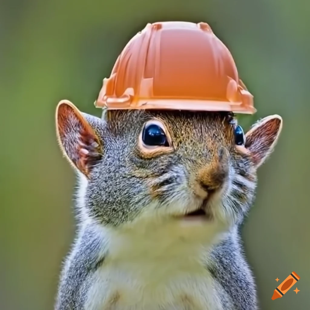 Squirrel with hard hat operating an excavator on Craiyon
