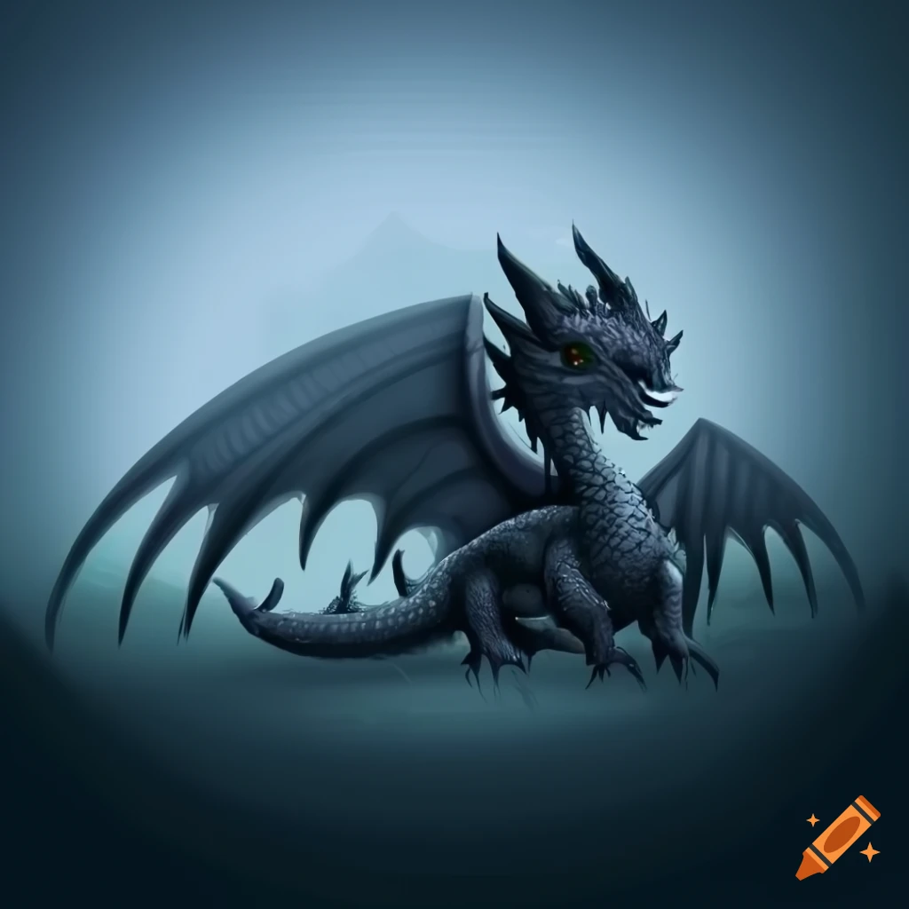 Dark black baby dragon with foggy castle background on Craiyon
