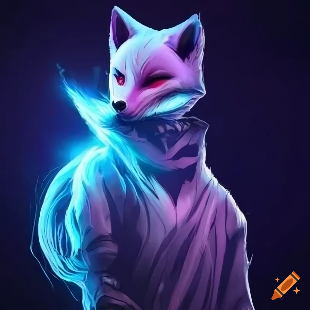 Light grey kitsune with glowing blue cyberpunk marks on Craiyon